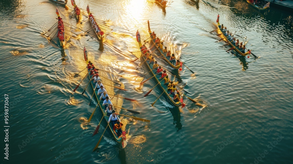 Dragon boats race in the golden glow of sunset, their vibrant colors ...