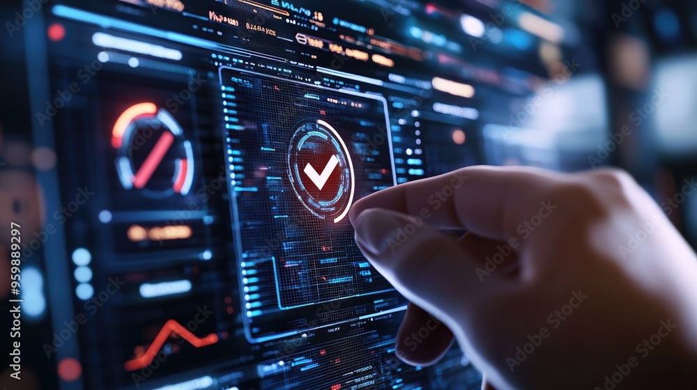 Digital check mark integrated into a business dashboard on a screen ...