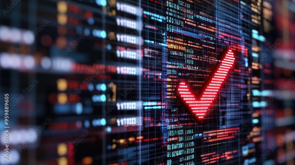 Digital check mark on a business dashboard with data visualization ...