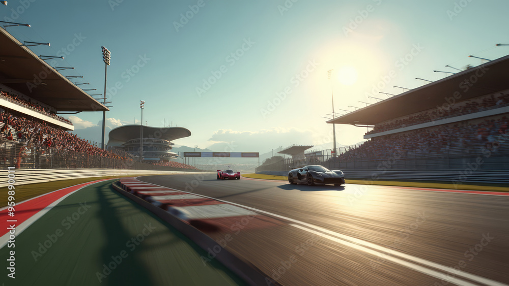 Racing cars compete on a sunlit track during an exciting motorsport ...