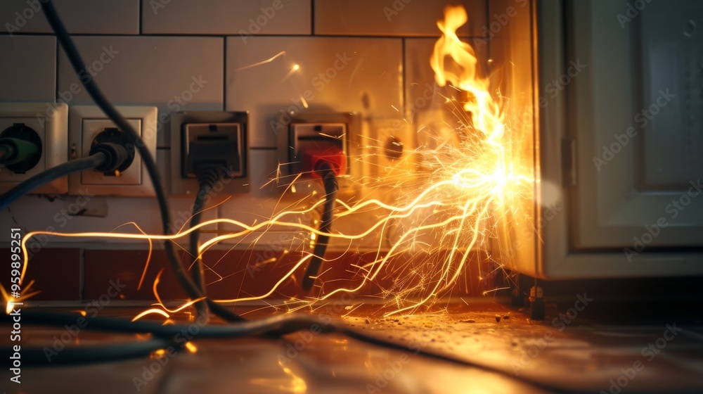 A dramatic capture of electrical sparks flying from an overloaded power ...