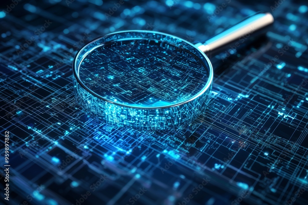 A 3D magnifying glass hovering over a digital blueprint, symbolizing search engines uncovering ...