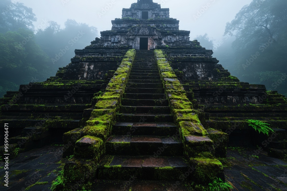 An impressive moss-covered pyramid-like temple structure stands tall ...