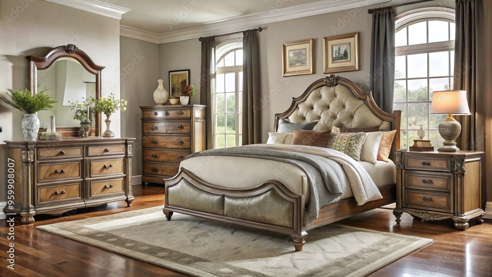 Elegant Mallory's queen bedroom set boasts a plush upholstered ...