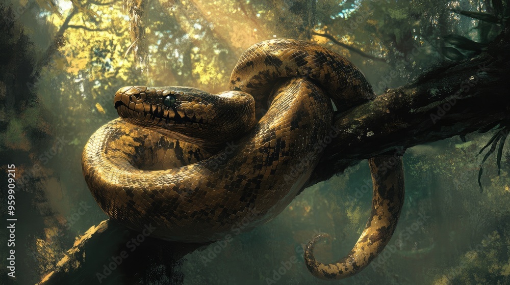 An anaconda coiled around a branch, its scales glistening in the ...