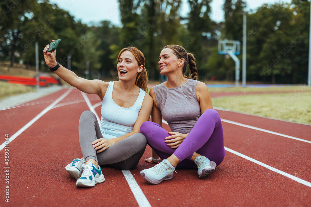 We in on the bestie fitness challenge! Shot of two women taking a ...