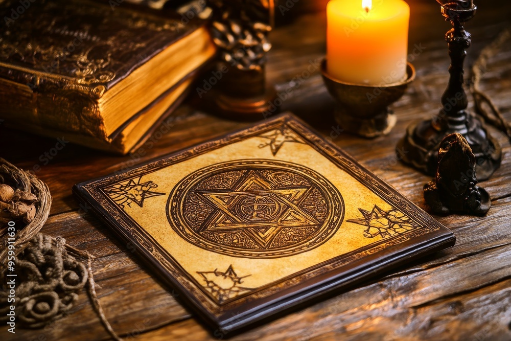 Esoteric symbols and sigils inscribed in a magic circle representing ...