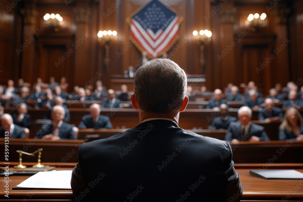 Speaker at a podium addressing a large assembly with an American flag ...