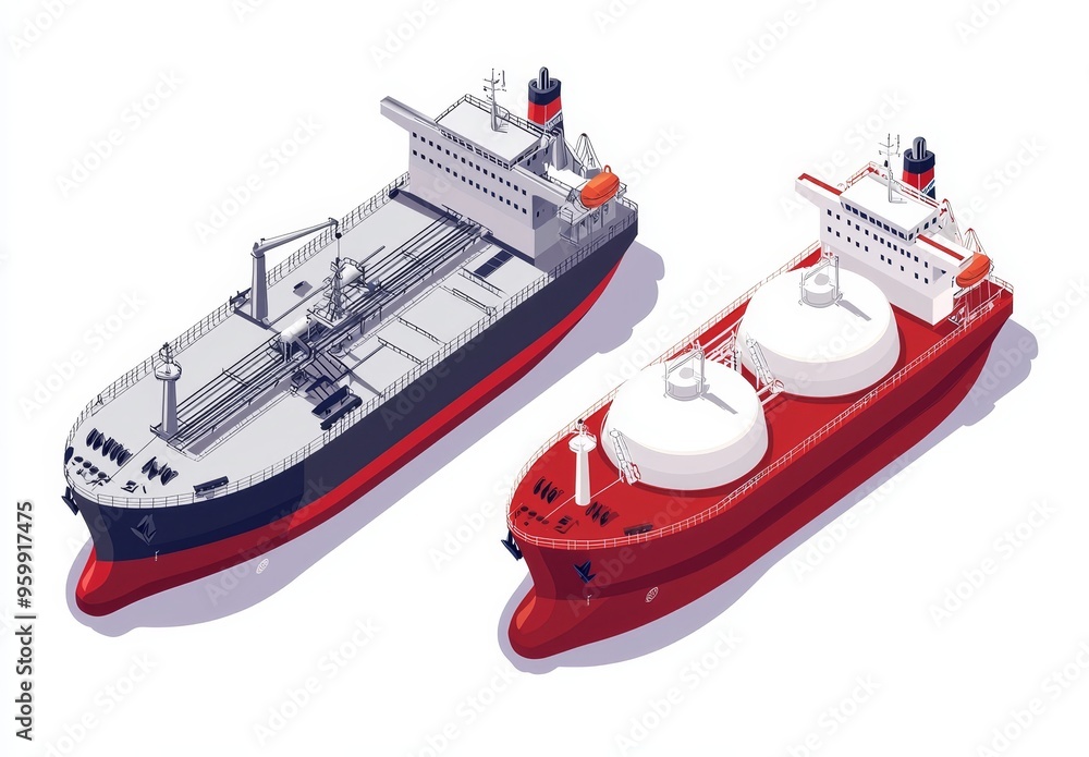 LNG tanker, LPG tanker, crude oil tanker, chemical tanker. Isometric ...