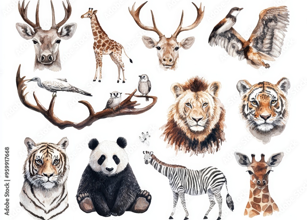 Lots of animals drawn in watercolor. Safari, jungle animals, native ...