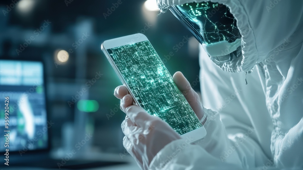 Phishing, online information breach or identity theft crime concept. Hacked phone. Hacker and ...