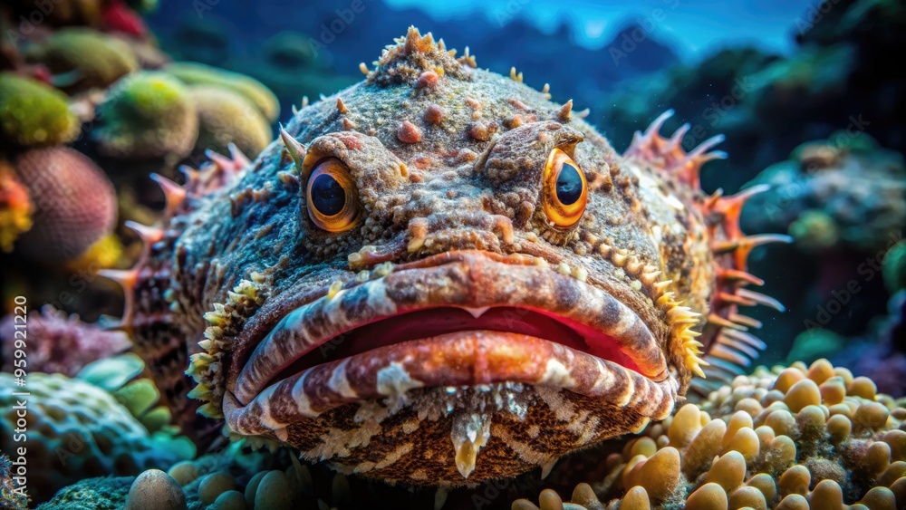 A venomous stonefish, camouflaged amidst coral reef, displays menacing ...