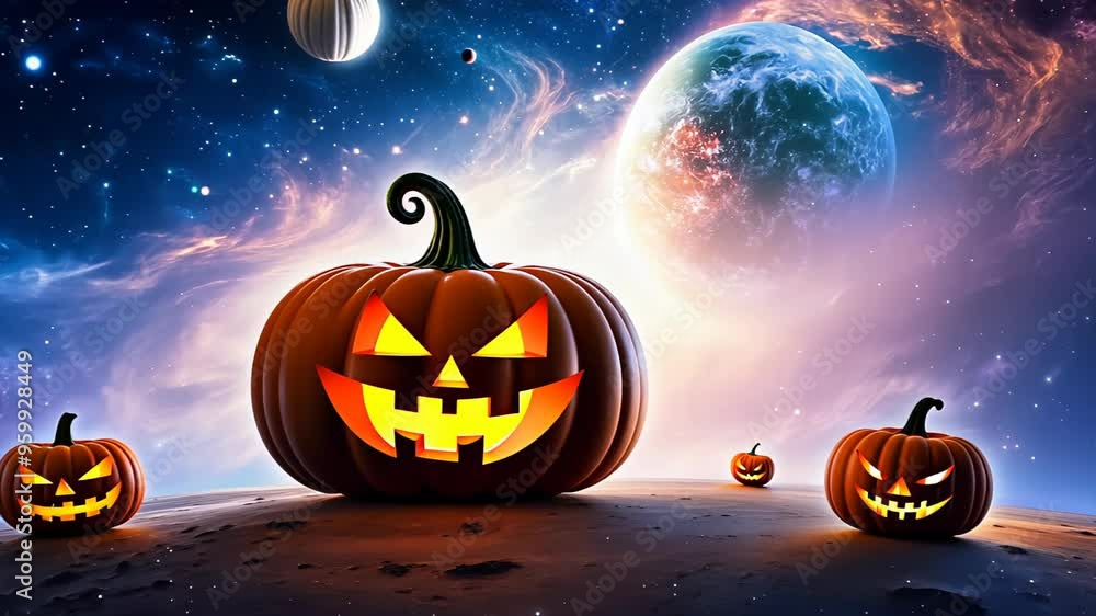 Glowing jack-o'-lanterns on a surreal planet surface with a cosmic ...