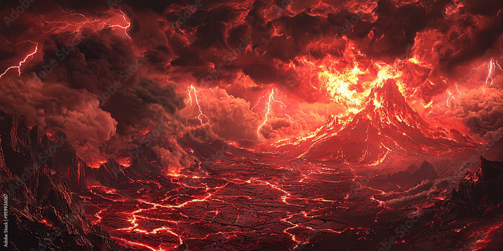 Red Hell The ground cracked red, there was fog above, red clouds ...