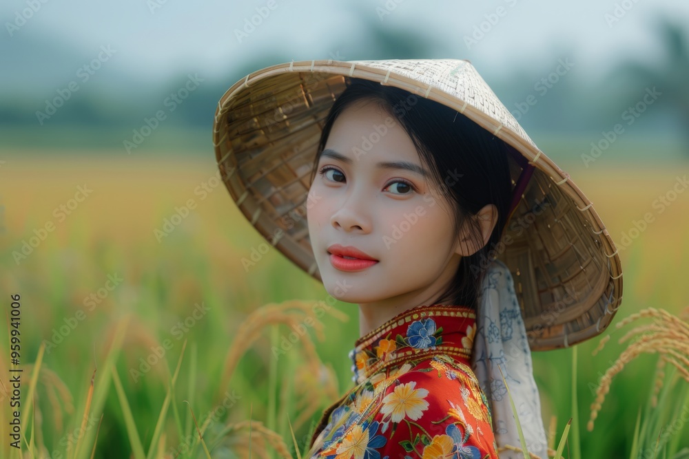 A young woman dons a colorful ao dai and traditional conical hat ...