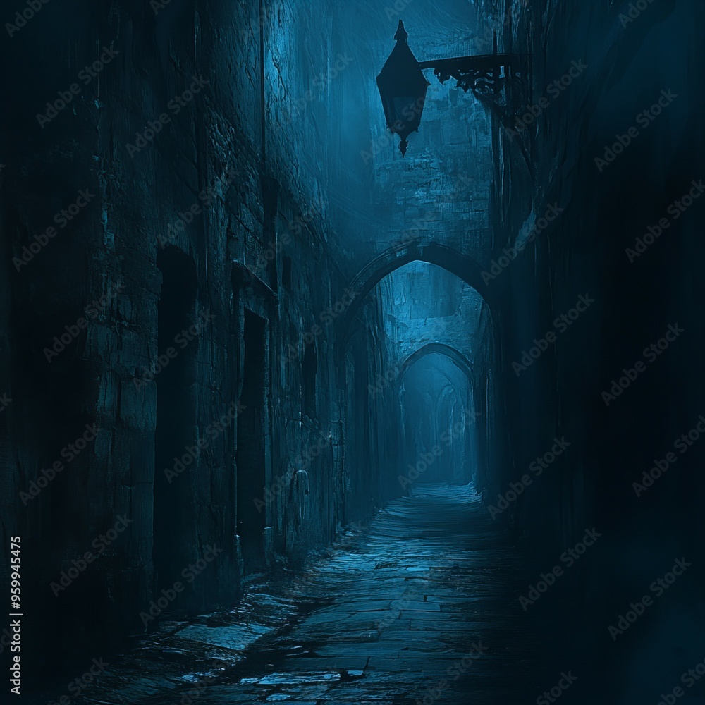 Mysterious grim dark dungeon alley with shadowy ambiance, stone walls ...
