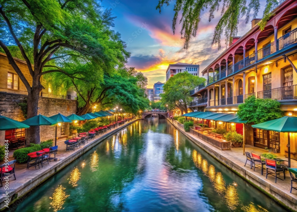 Colorful restaurants and shops line the tranquil River Walk, surrounded by lush greenery and ...