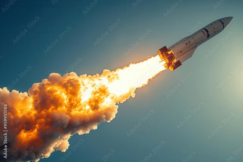 dynamic rocket launch with intense flames and billowing smoke trail ...