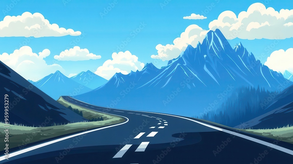 Endless road along a mountain ridge, flat design, cool tones, animated ...