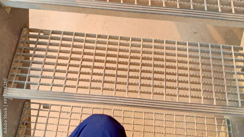 Metal Staircase with Grating Treads. A close-up view of a metal ...