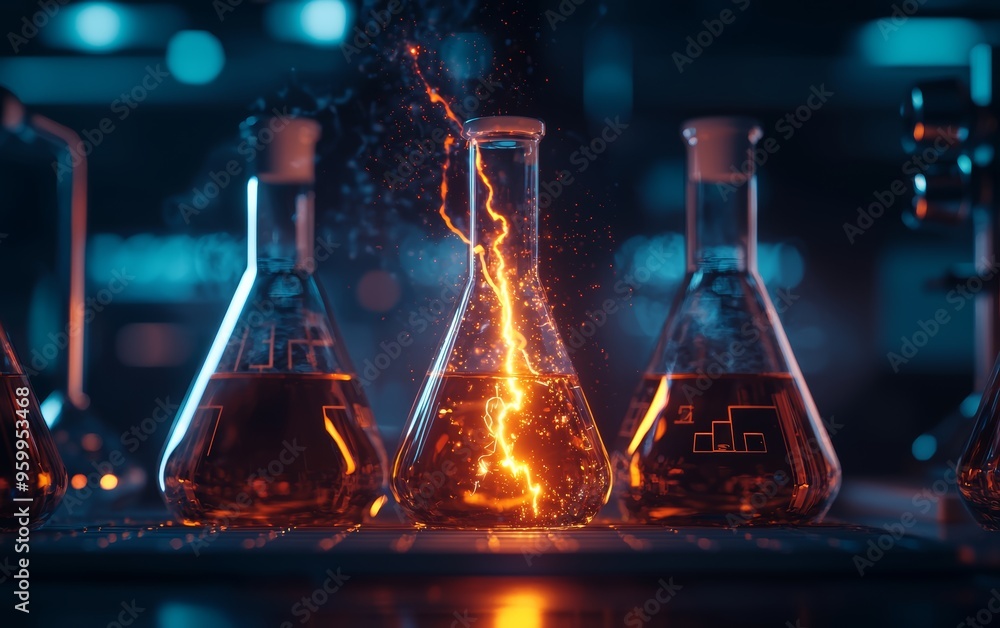 Electric bolt hitting glass beakers in a moody laboratory, highlighting ...