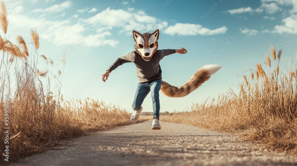 Realistic photo of a child quadrober wearing an animal mask and an ...