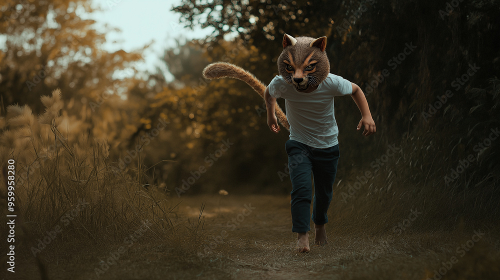 Realistic photo of a child quadrober wearing an animal mask and an ...
