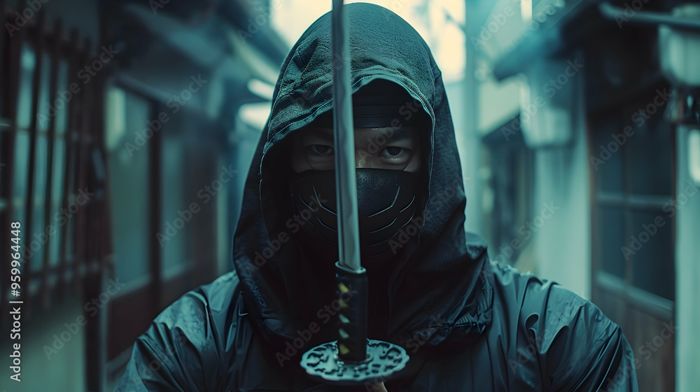 Ninja with a sword mouth covered by a surgical mask poised in a shadowy ...