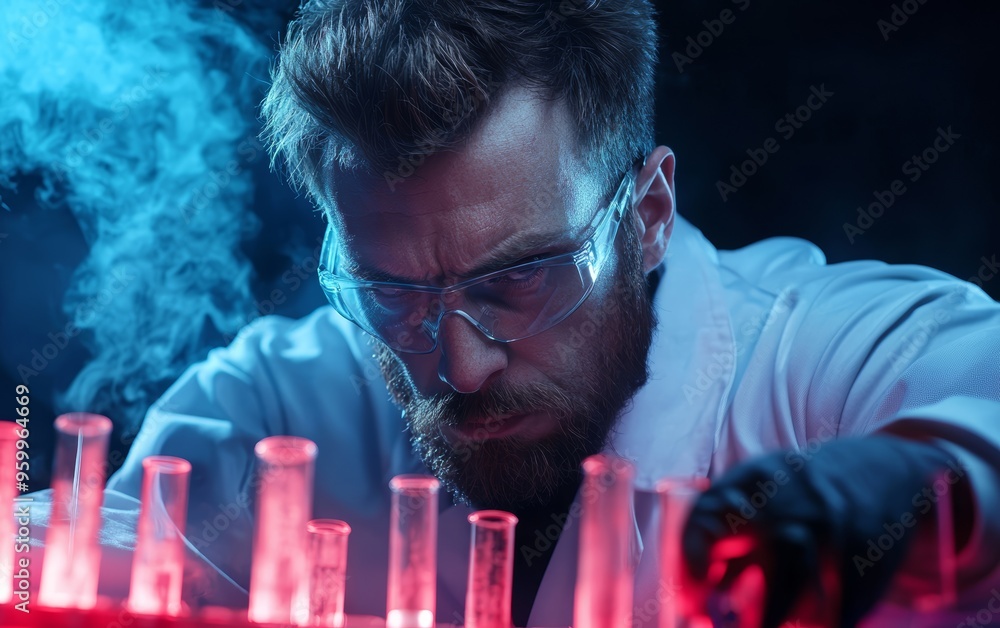 Sinister scientist in a dark, smoky laboratory with glowing test tubes ...