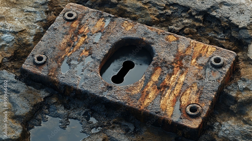 Up close display of a small keyhole locking mechanism covered in mud ...