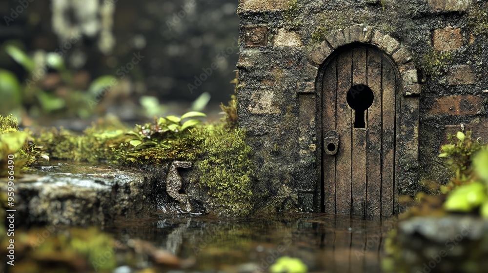 Up close display of a small keyhole locking mechanism covered in mud ...