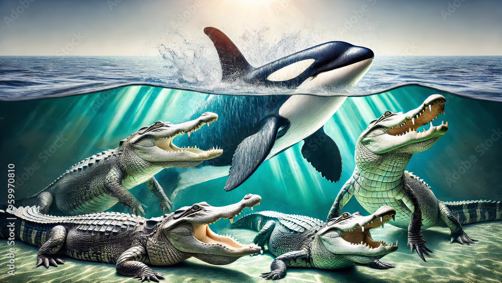 An orca swims above a group of crocodiles resting underwater, creating ...