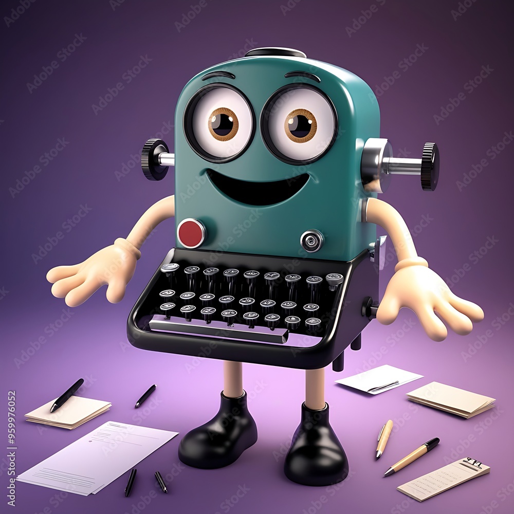 3D typewriter character with round keys, large eyes, cheerful smile ...