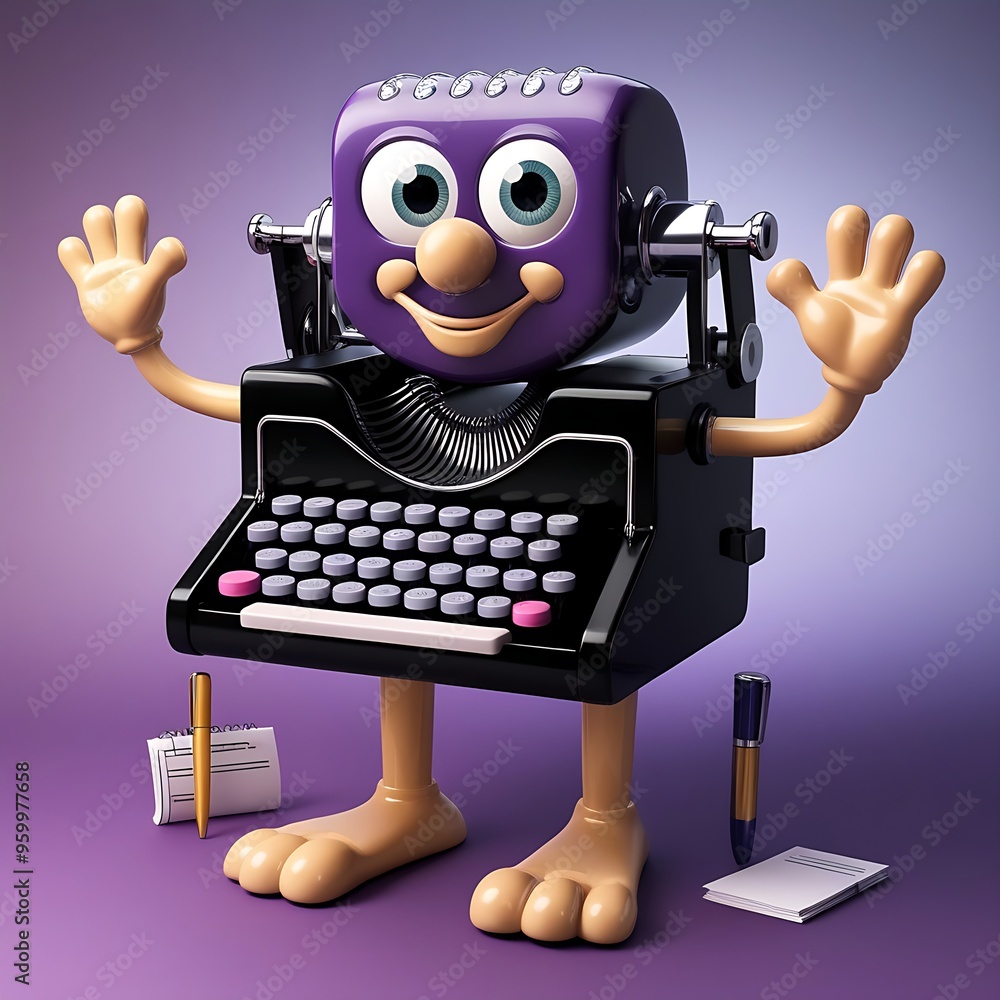 3D typewriter character with round keys, large eyes, cheerful smile ...