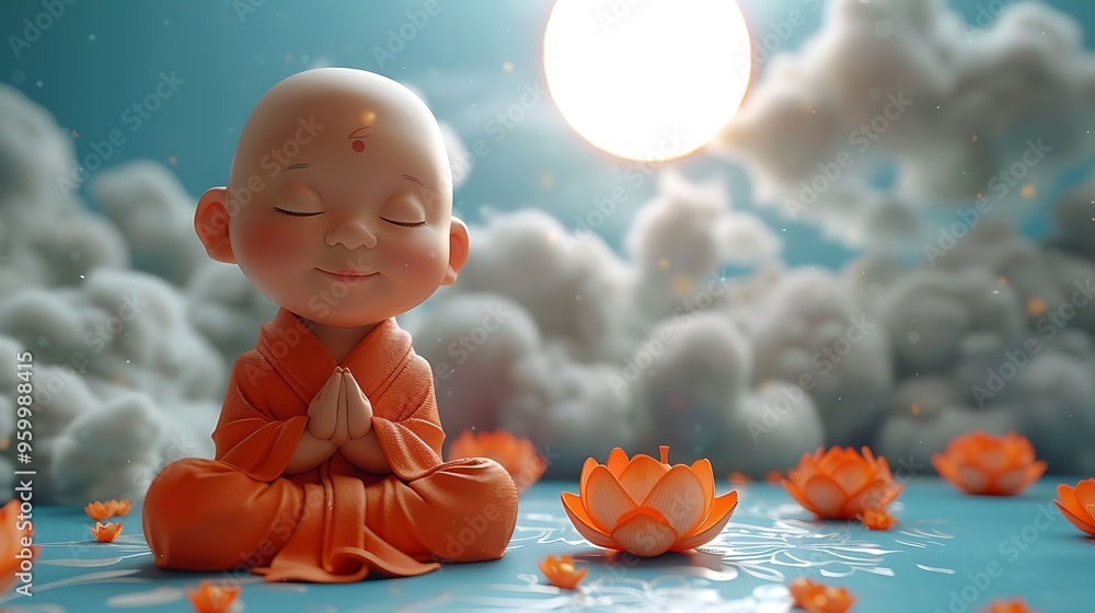 Cute cartoon little Buddha monk sitting on a lotus flower, smiling with ...