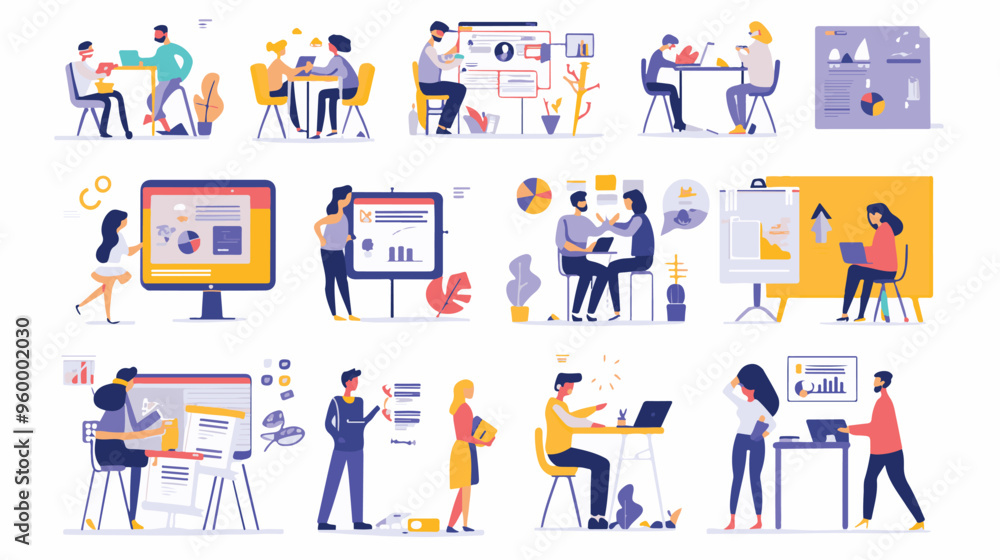 Teamwork web concept with people scenes mega set in flat design. Bundle of character situations ...