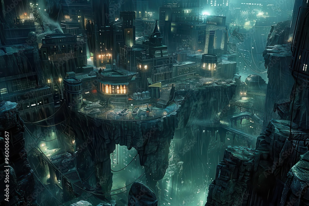 Bat cave-inspired urban center, twilight, bird's-eye view, rocky ...