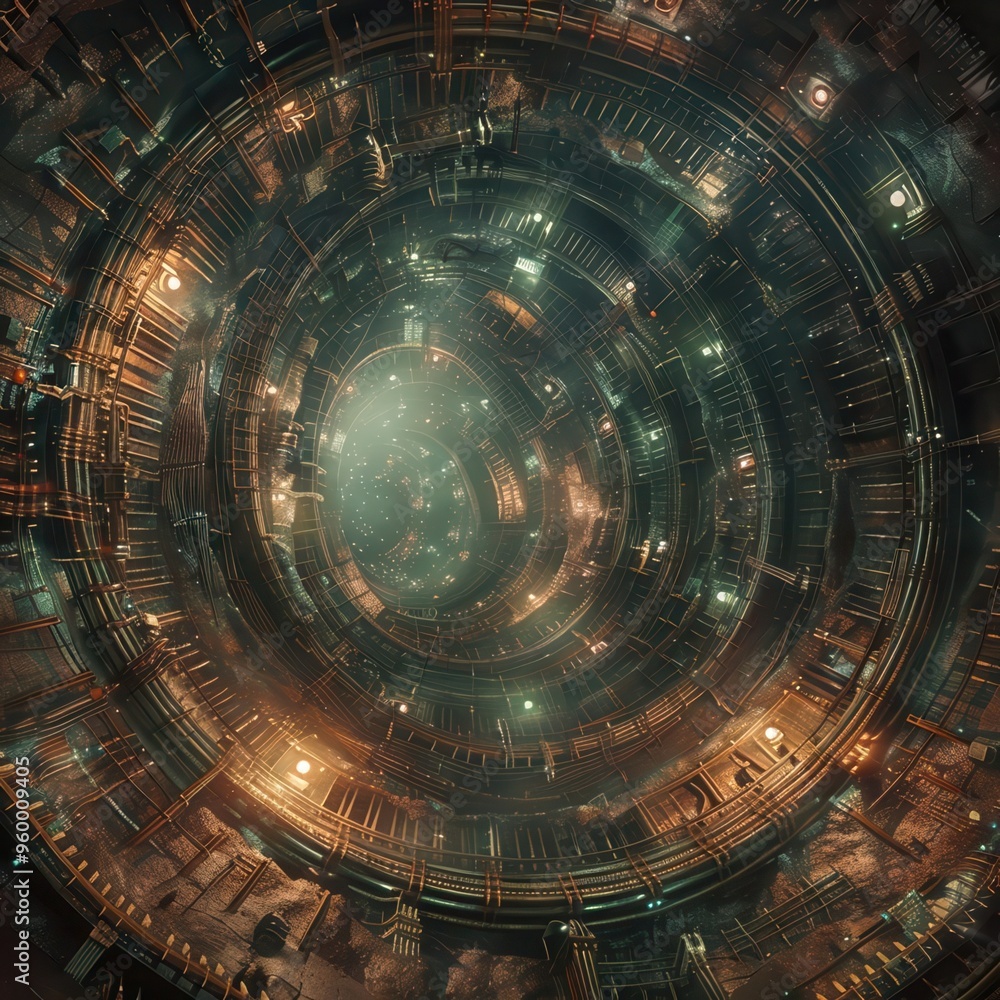 Mole tunnel-inspired subway, sprawling city, dawn, bird's-eye view ...