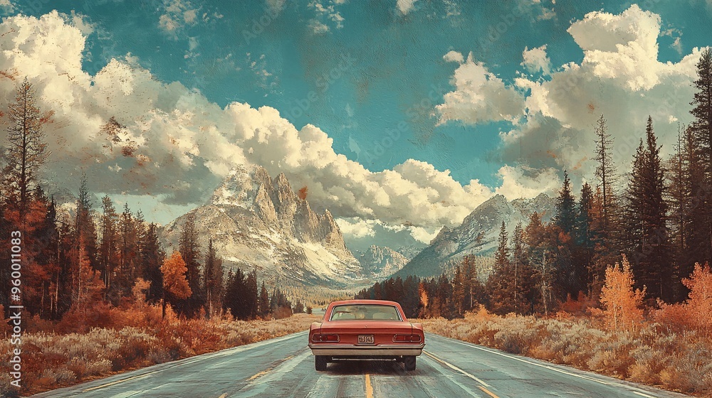 Retro dreamy collage of a car driving through mountain expressways ...