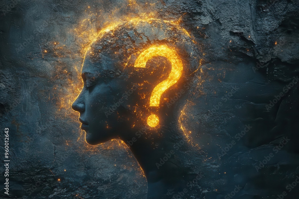 surreal digital artwork of pensive human silhouette with glowing ...