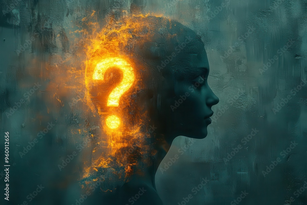 surreal digital artwork of pensive human silhouette with glowing ...