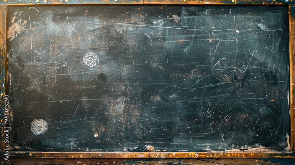 Chalkboard wall background with visible smudges and faint drawings ...