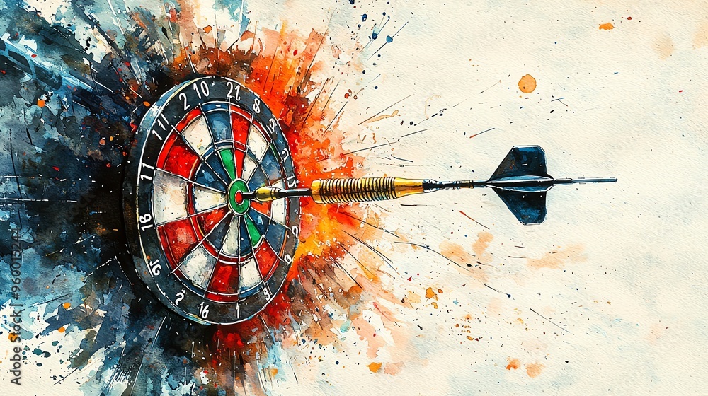Dynamic abstract art of a dart hitting bullseye on dartboard ...