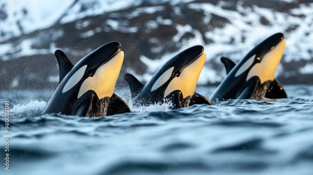Three orcas swim in the sea with snow-capped mountains in the ...