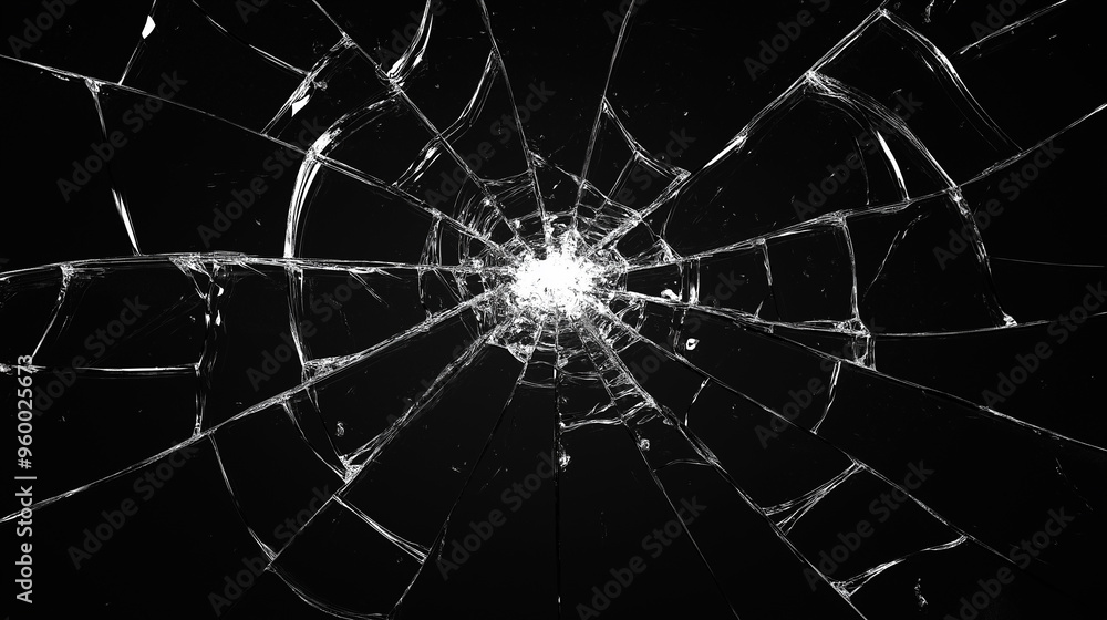 Broken shattered glass pattern on black background, sharp cracked glass ...