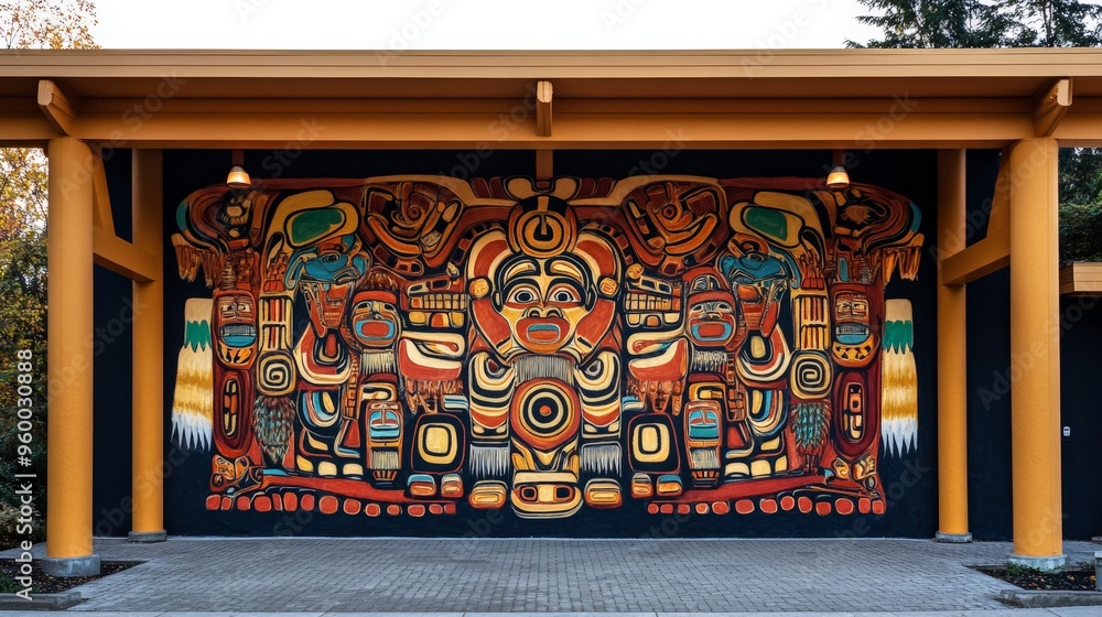 A detailed indigenous mural on a public building, featuring traditional ...