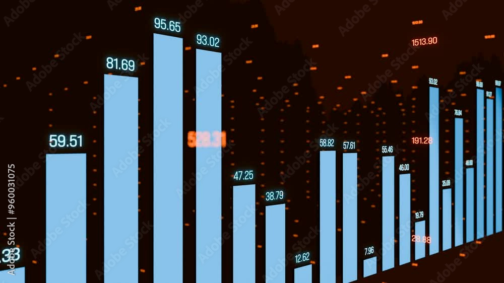 Lateral view of an abstract blue bar chart with financial figures and ...