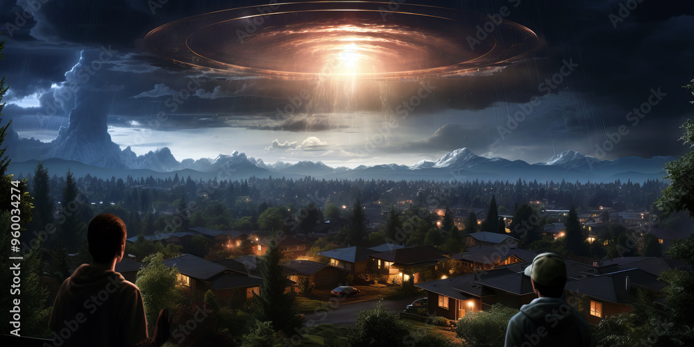 UFO sighting over a suburban neighborhood, with astonished residents ...