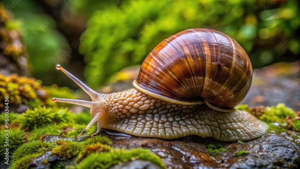 Macro view of a sluggish snail's moist, brown, and textured shell, with ...