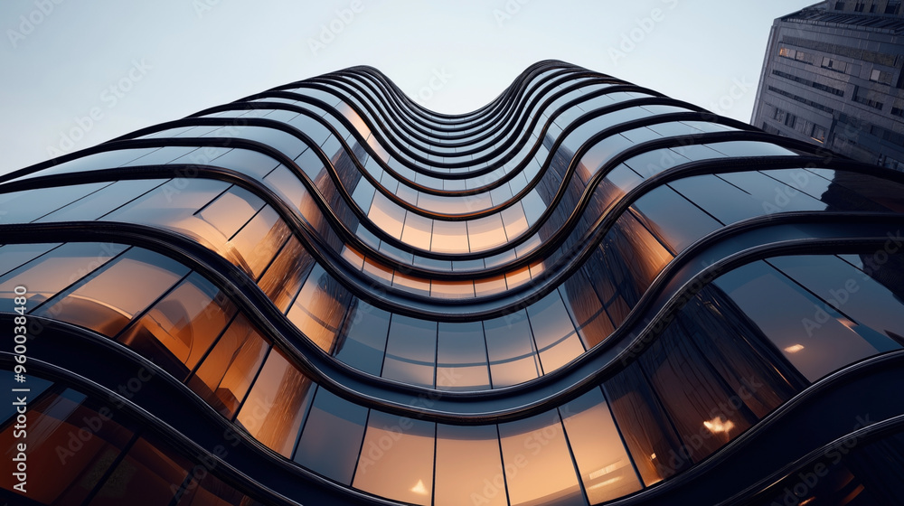 Abstract architectural image of a modern glass skyscraper with wavy ...
